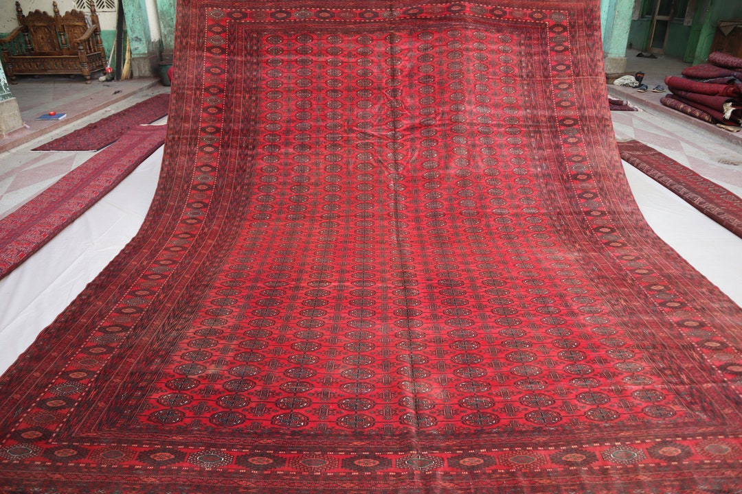 10x13 Large Antique Turkmen Bukhara Rug, Red Afghan Handmade Wool Rug ...