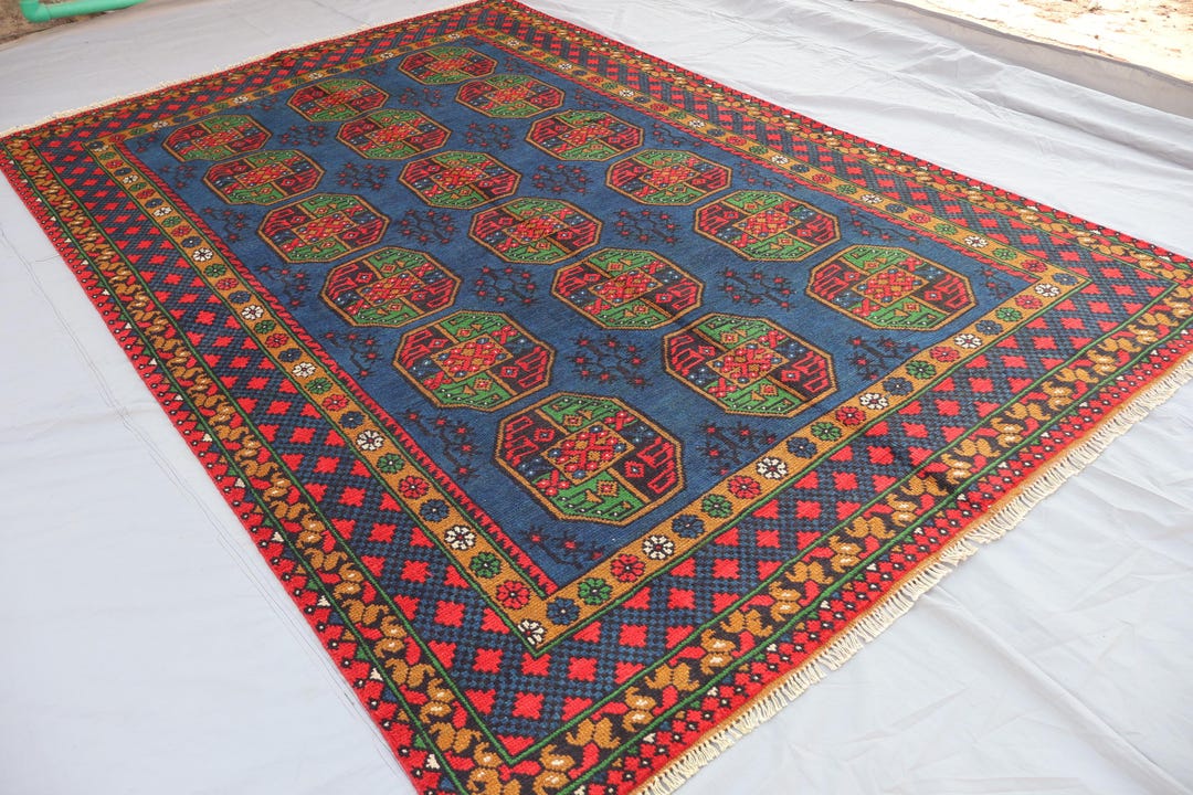 6'4x9'8 Ft Handmade Blue Rug, Afghan Ersari Tribal Rug, Veg Dyes Wool ...