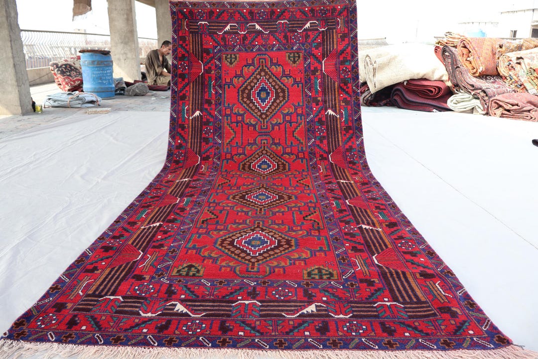 4x9 Antique Geometric Afghan Rug, Handmade Veg Dyes Wool Area Rug ...