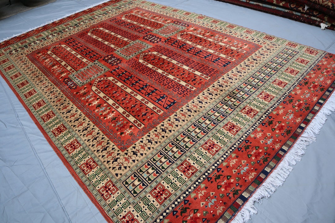 7x10 Ft Large Afghan Bukhara Parda Rug - Red Handmade Wool Soft Pile ...