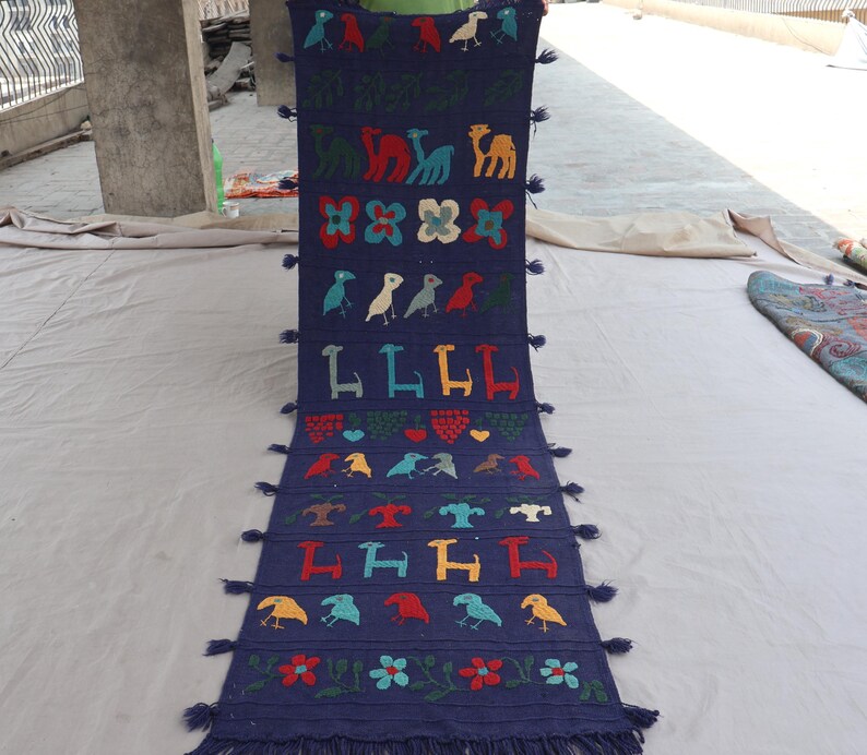 2x8 Ft Pictorial Handmade Uzbek Suzani Kilim, Navy Blue Suzani Hand ...