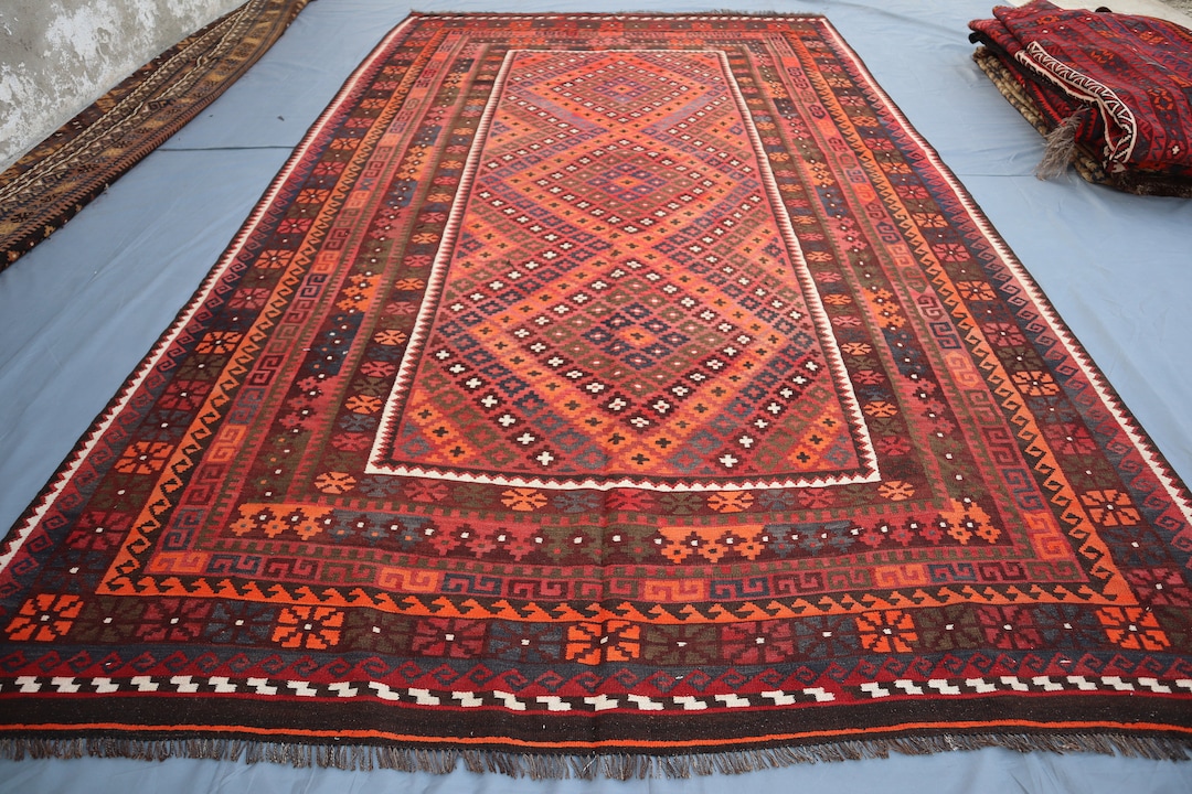 8x14 Oversize Vintage Rug, Authentic Afghan Handmade Kilim Wool Rug ...