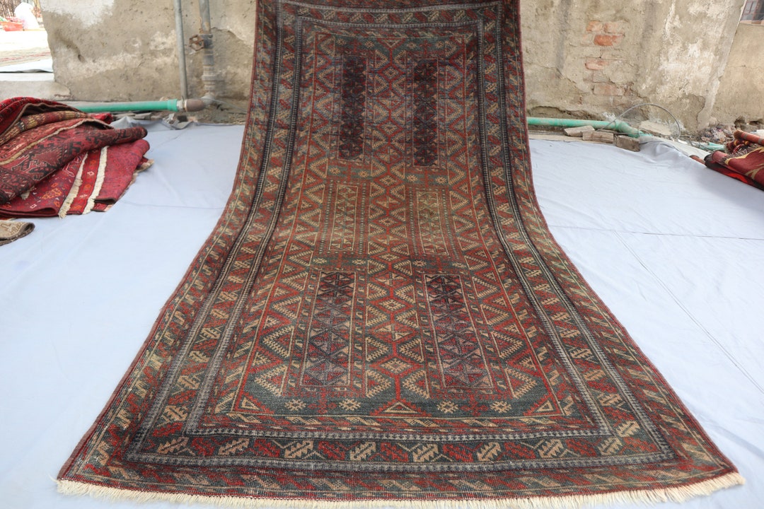 1940s Antique Rug, 3'8x7 Ft Afghan Handmade Low Pile Faded Distressed ...