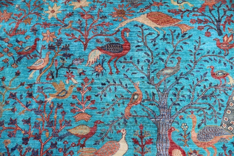 9x12 Birds Pictorial Rug - Turquoise Blue Afghan Hand Knotted Veg Dyes ...