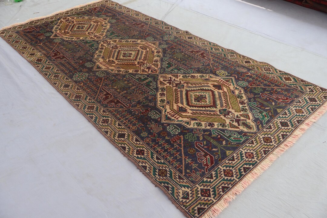 4x8 Vintage Geometric Rug, Afghan Tribal Wool Carpet, Handmade Rug ...