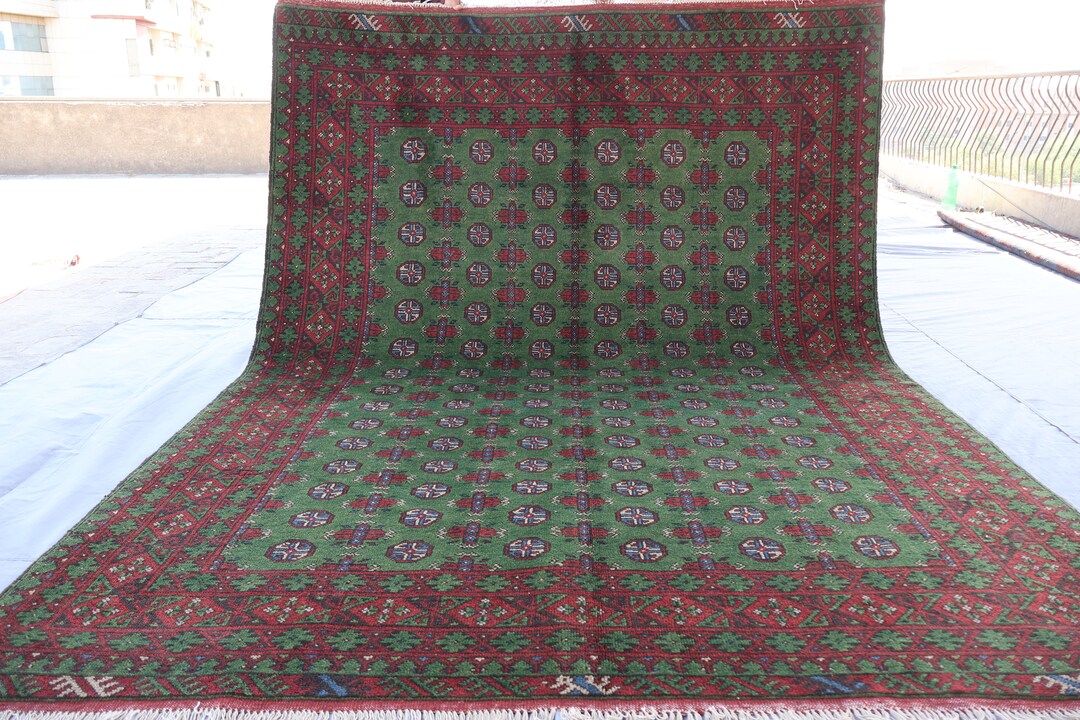 7x10 Bokhara Area Rug - Green Afghan Hand Knotted Veg Dyes Plush Wool ...