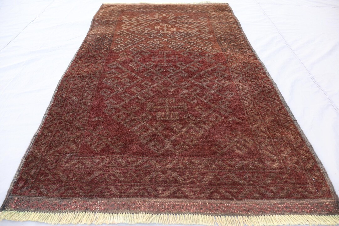 Antique Rug 3x5 Ft Maroon Brown Vintage Faded Rug, Handmade Wool Area ...
