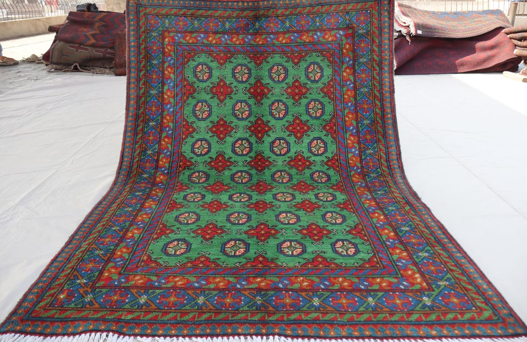 4x6 Ft Green Bokhara Rug, Afghan Hand Knotted Veg Dyes Plush Wool Rug ...
