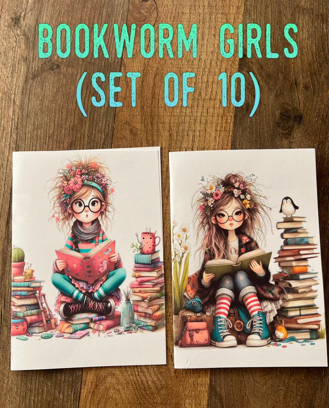 Bookworm Girl Greeting Cards (set of 10) - Etsy