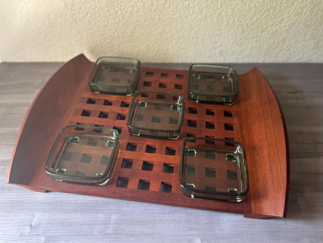 Vintage Dansk Teak Lattice Tray With Glass Dish Inserts, JHQ Denmark ...