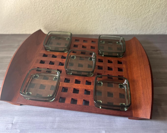 Vintage Dansk Teak Lattice Tray With Glass Dish Inserts, JHQ Denmark ...