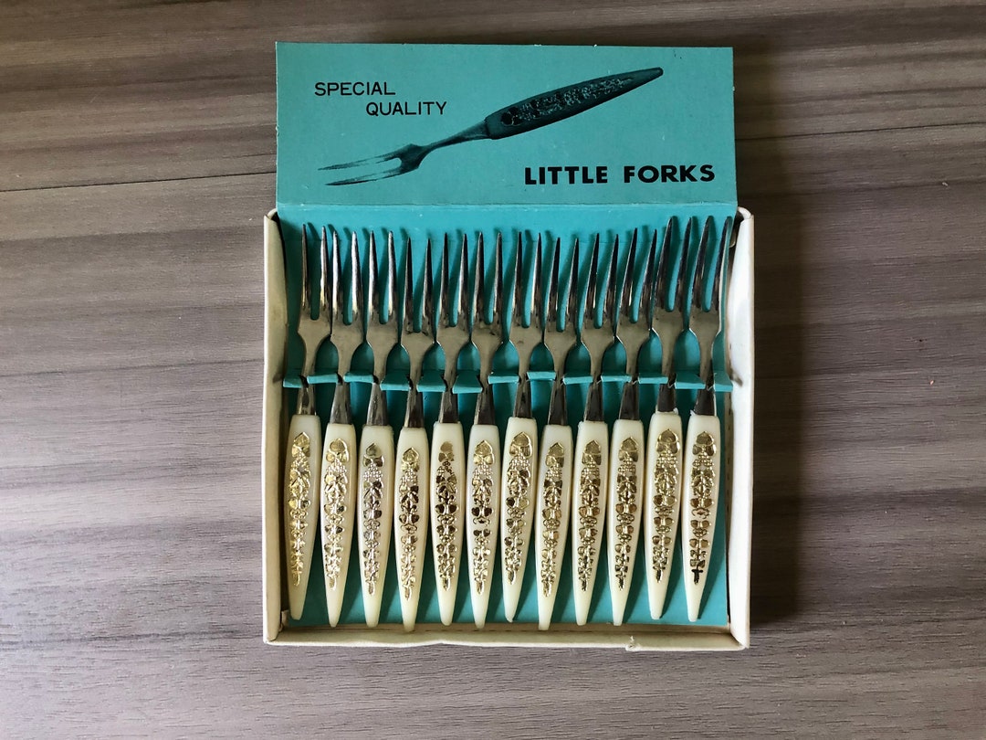 Vintage Box of Little Forks Celluloid Plastic & Stainless Steel Hors D ...