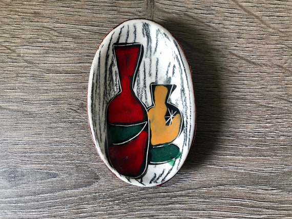 Vintage Mid Century Italian Leather Backed Sgraffito … - Gem