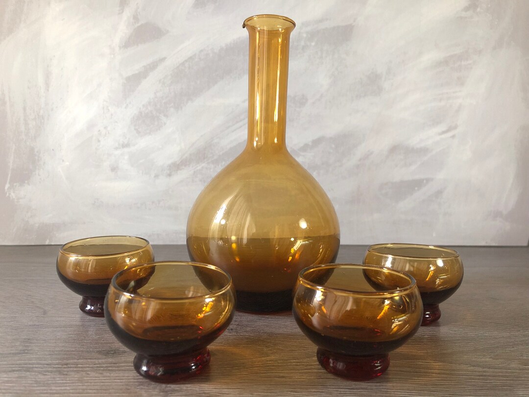 Vintage Amber Glass Decanter Beaker and Cordial Glasses Set With Pour ...