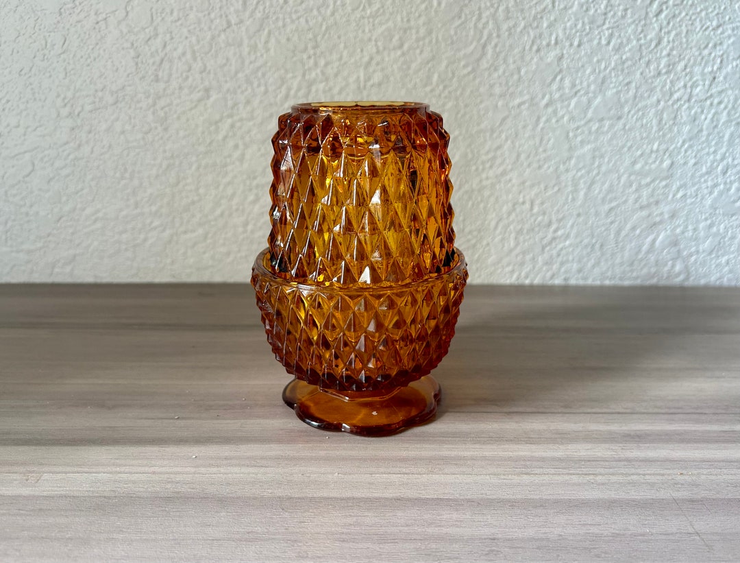 Vintage Tiara Glass Amber Diamond Point Fairy Lamp, Indiana Glass Amber ...