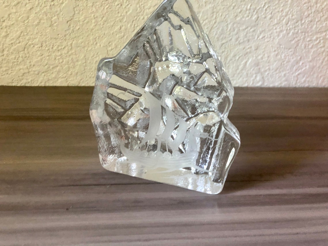 Vintage Crystal Iceberg Paperweight With Etched Viking Ship | Etsy