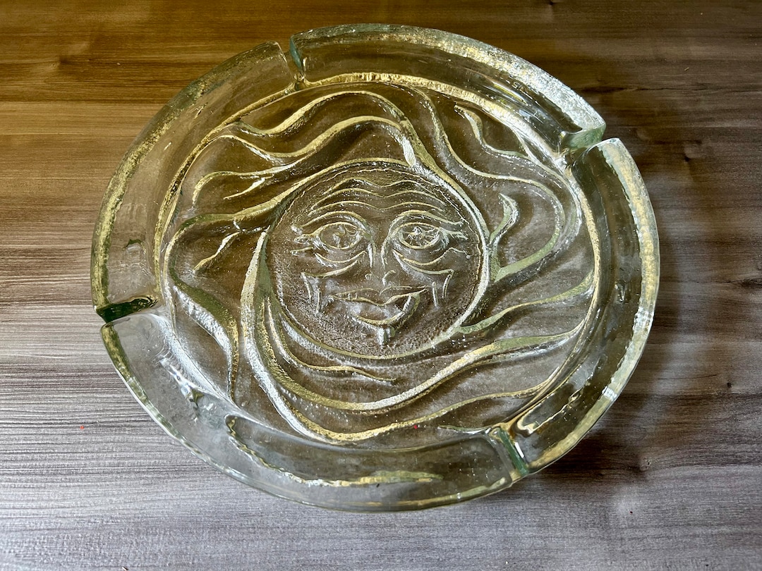 Vintage Blenko Extra Large Crystal Ashtray With Sun Face 1970s Mid ...