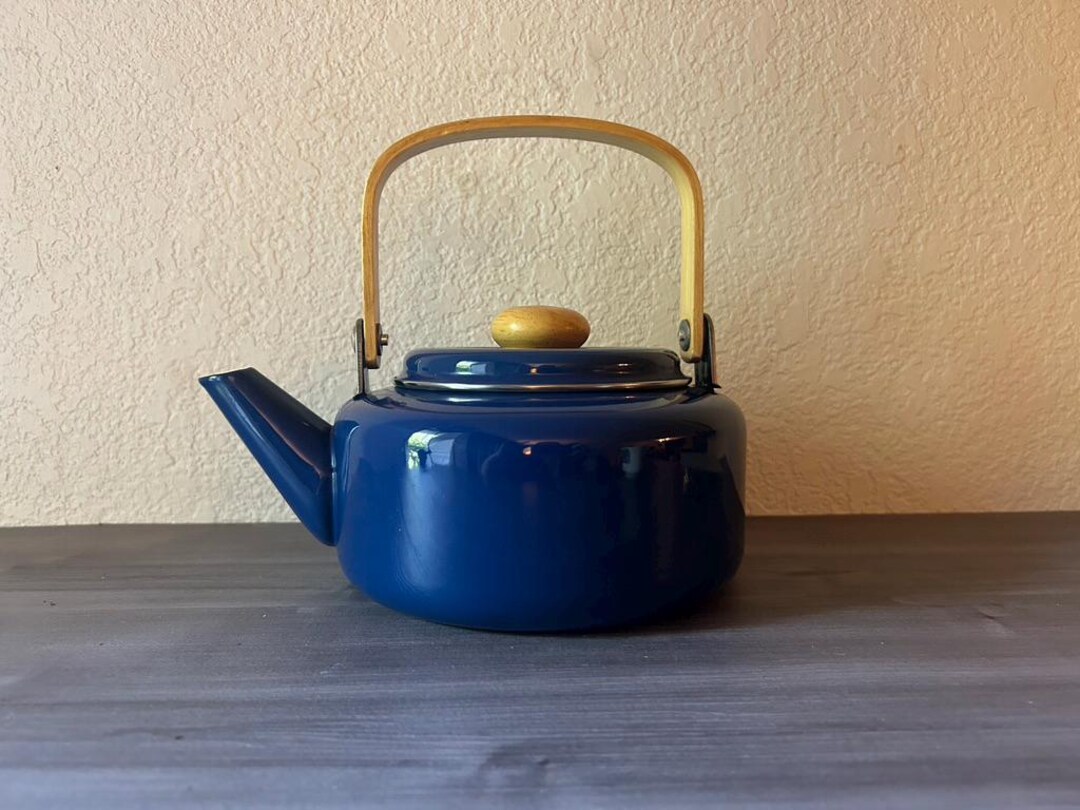 Vintage Blue Enamel Tea Kettle , Blue Teapot With Wood Handle, Copco ...