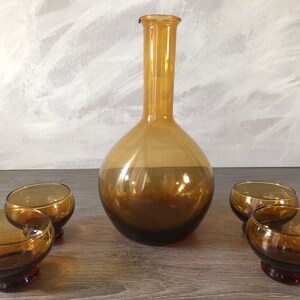 Vintage Amber Glass Decanter Beaker and Cordial Glasses Set With Pour ...