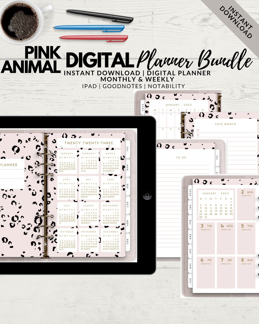 Pink Animal Print, Digital Planner, Weekly Planner, Monthly Planner ...
