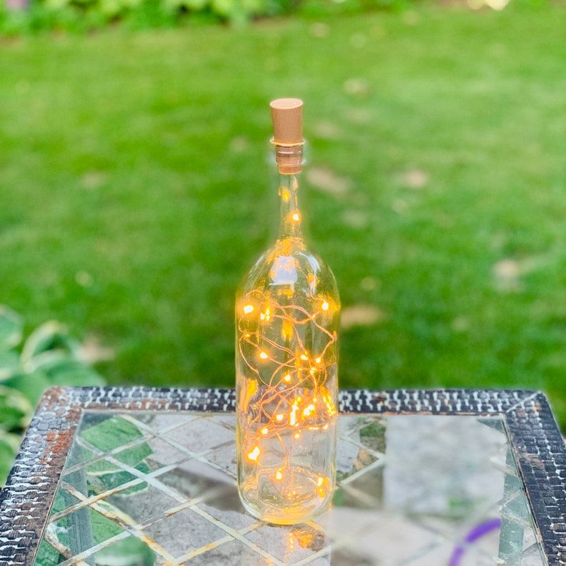 Clear Wine Bottle With Rustic Copper Fairy Lights Powered From Cork ...
