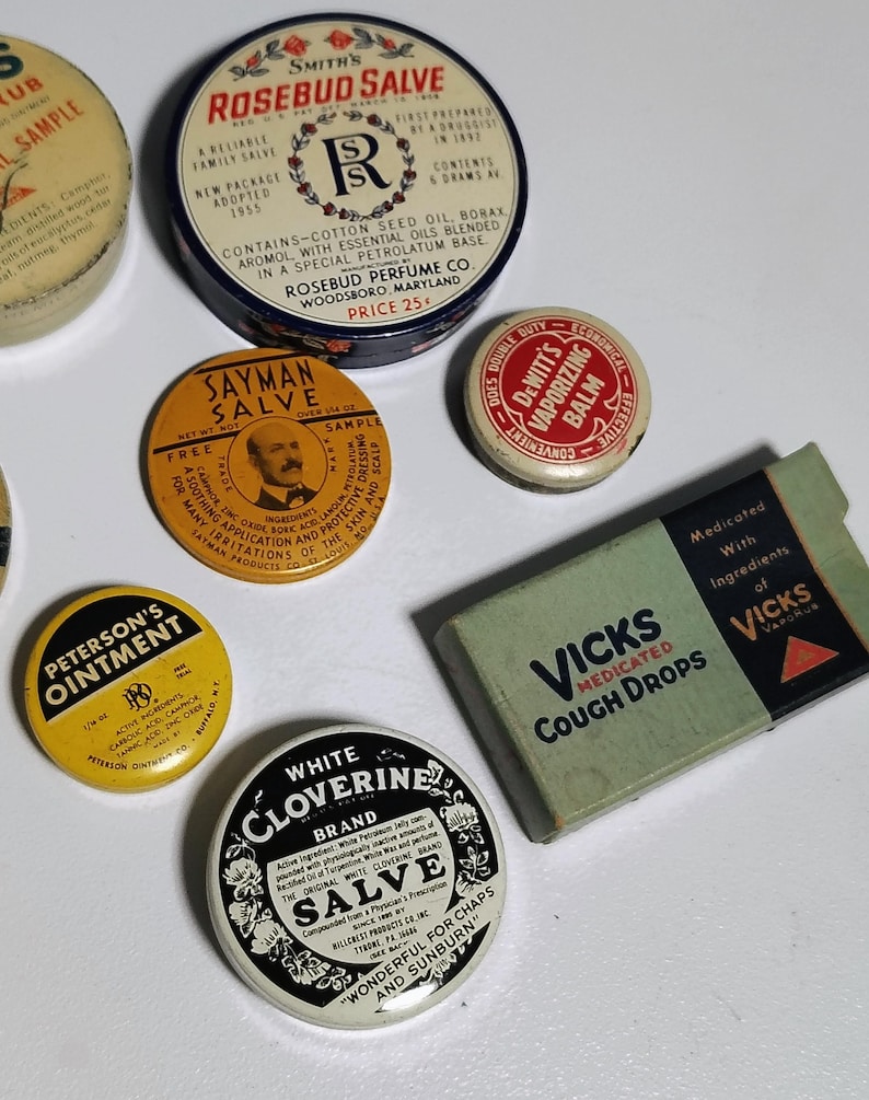 Large Lot of Antique Advertising Tins Plus Empty Vicks Cough Drop Box ...