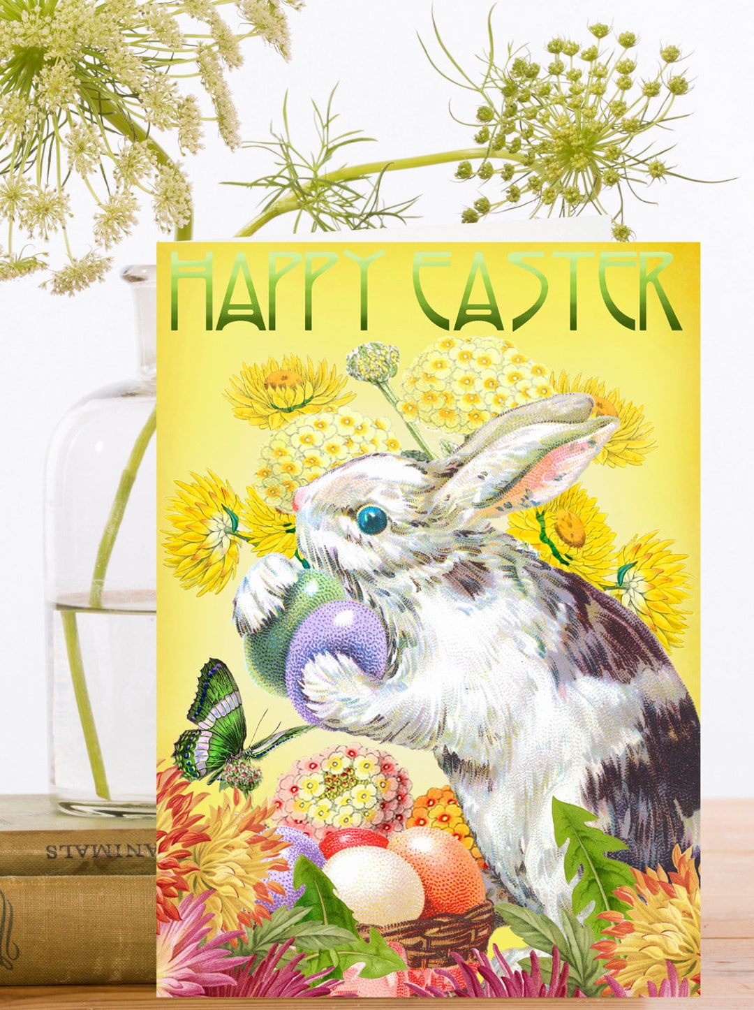 Whimsical Vintage Easter Collage Art Card Spring Bunny Rabbit Eggs ...