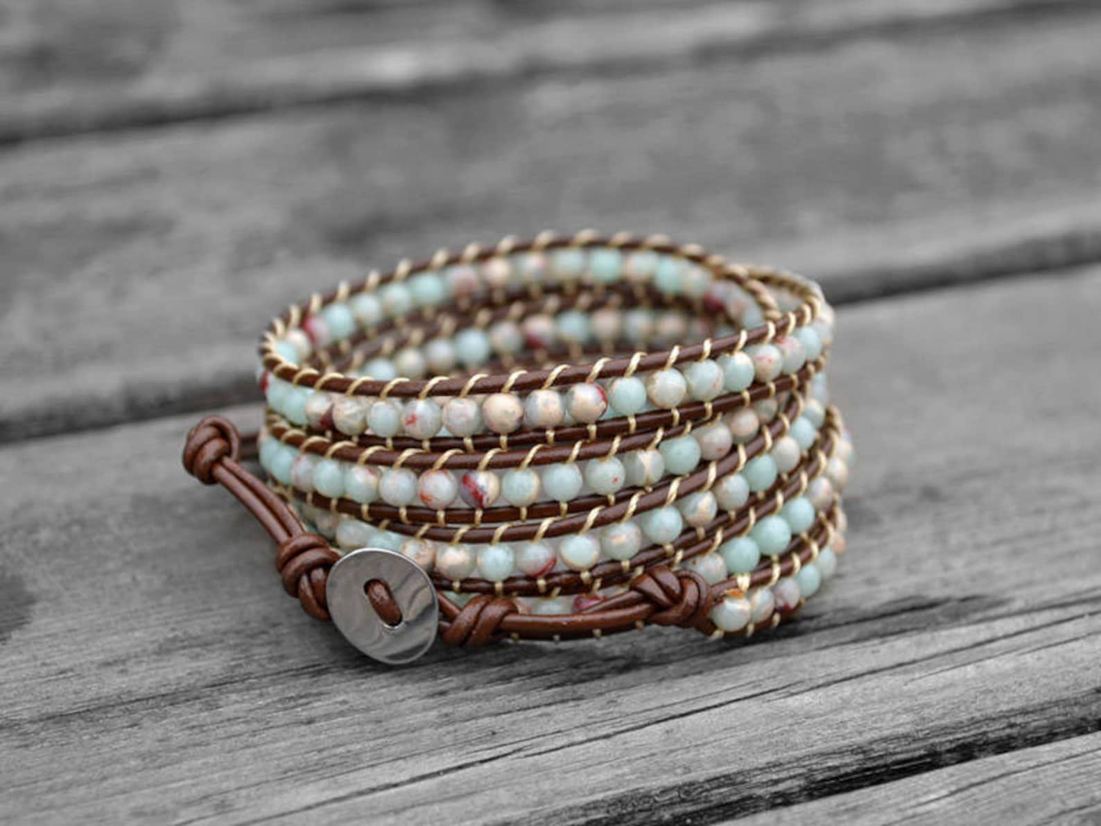 Leather Bracelet Beaded Wrap Bracelet Leather Wrap Bracelet 4mm Beaded ...