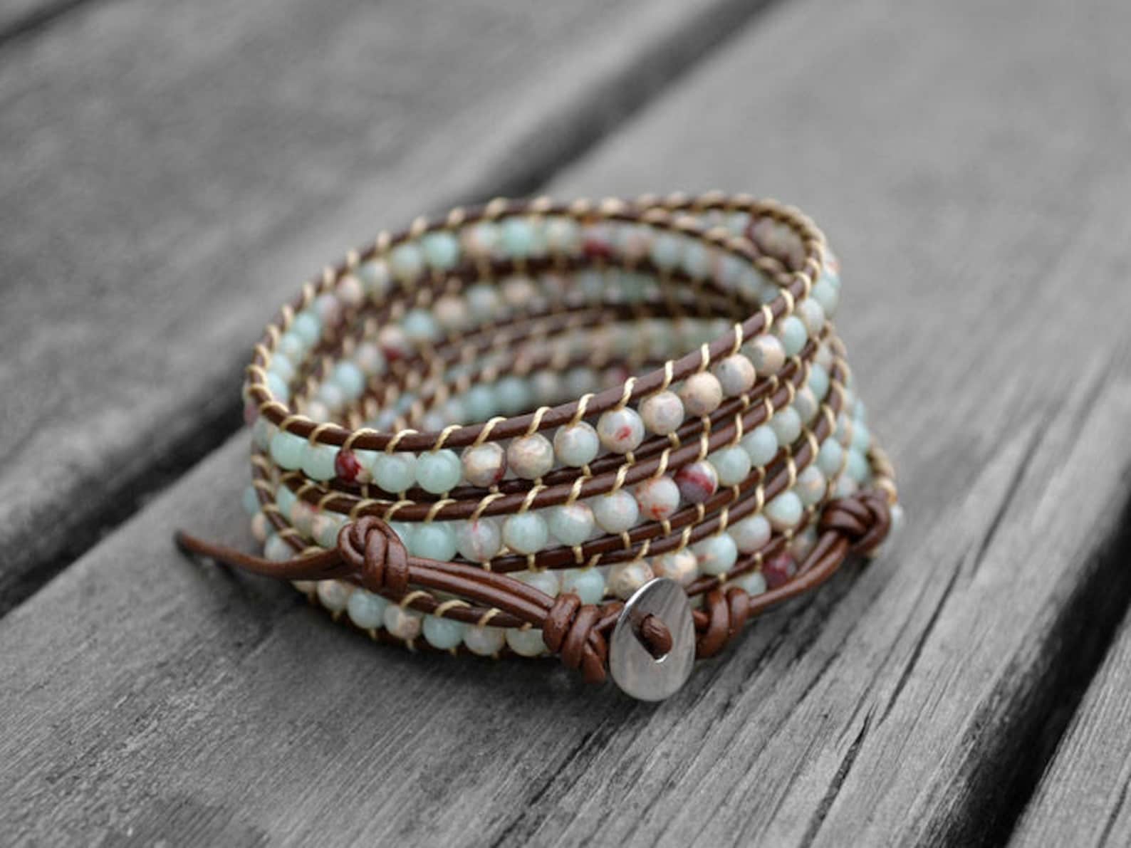 Leather Bracelet Beaded Wrap Bracelet Leather Wrap Bracelet 4mm Beaded ...