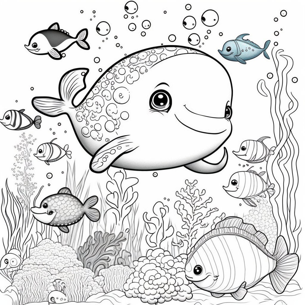 10 Cute Sea Creatures Coloring Book Whales, Sharks, Jellyfish, Octopus ...