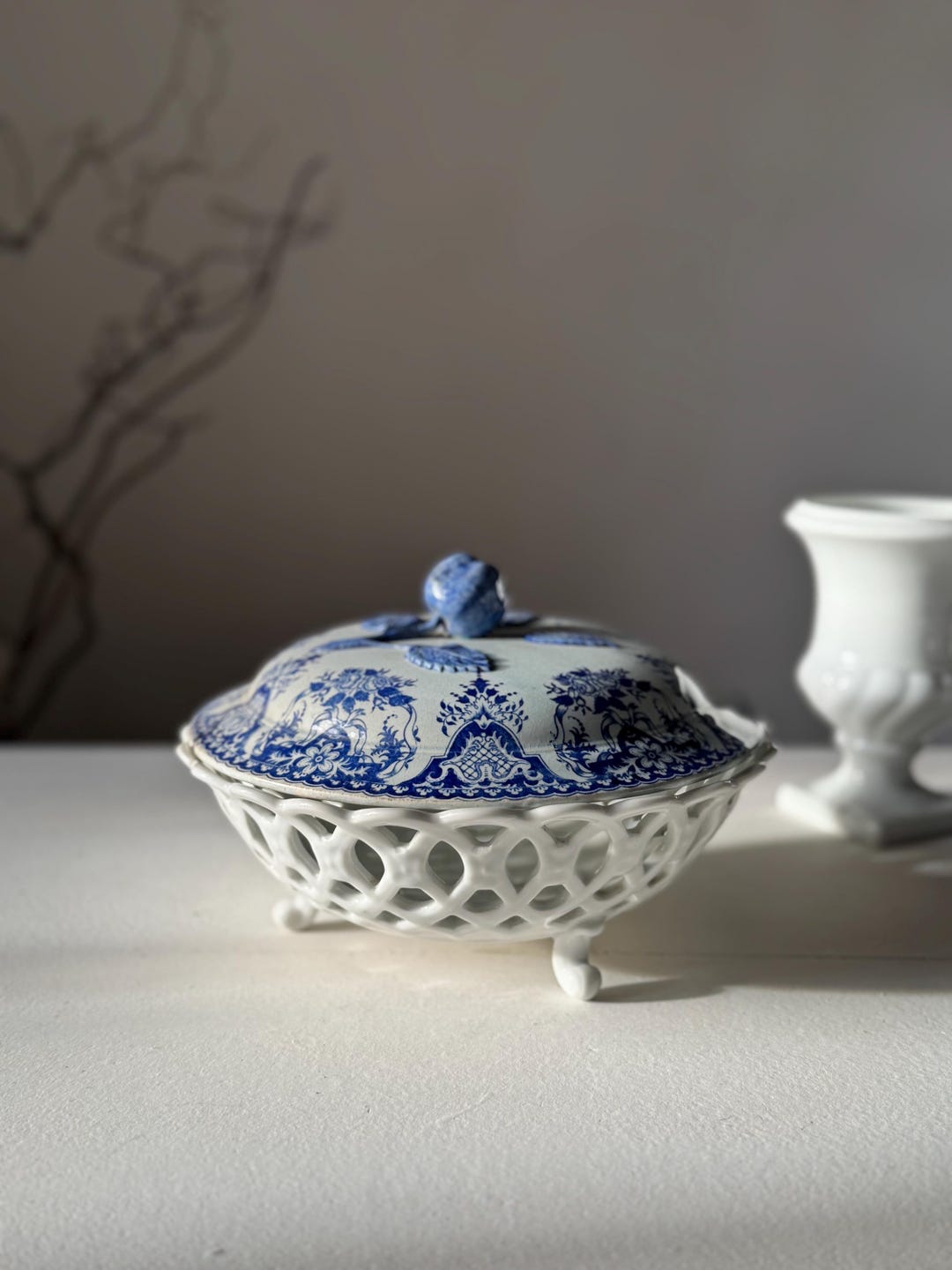 Gein, France 19th Century Transferware Lid With Royal Blue Motif - Etsy