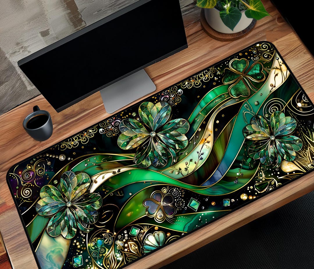 Stained Glass Irish Shamrock Desk Mat #1, Green Gold Celtic Design ...