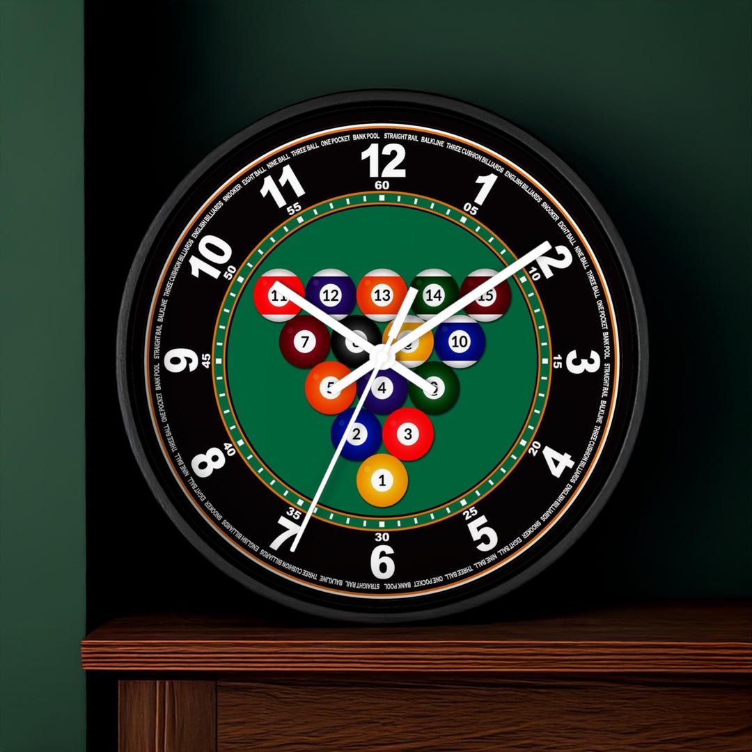 Billiards Wooden Wall Clock 1, 10 Round, Pool Clock, Pool Balls Clock ...