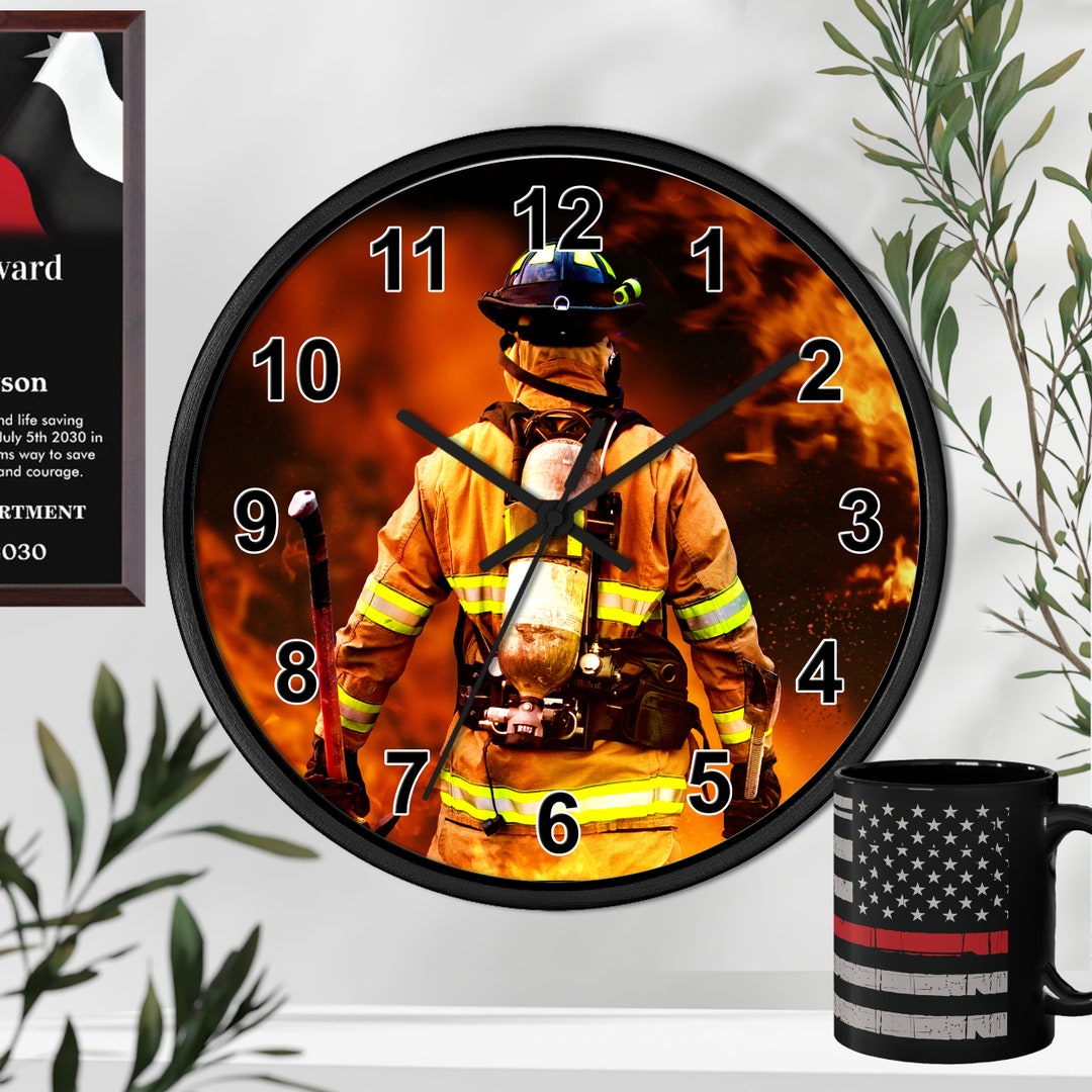 Firefighter 14 10 Wall Clock Fireman Fire Department Thin Red Line Flag ...