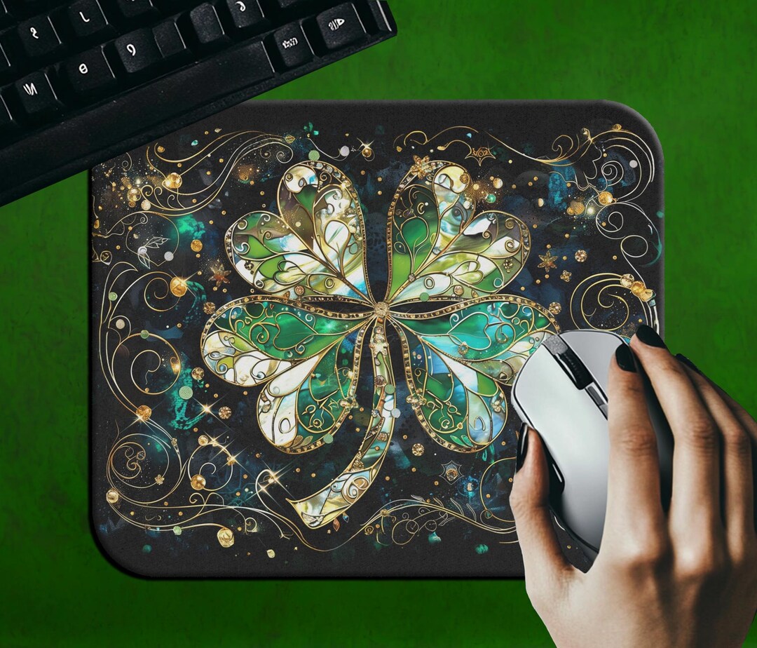 Stained Glass Shamrock Mouse Pad #3, Green Gold Irish Desk Mat, Celtic ...