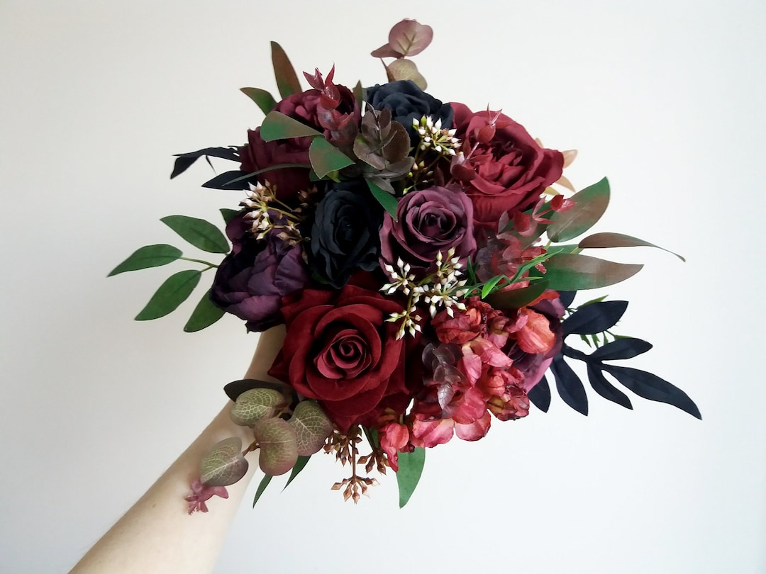 Burgundy Black Bridal Bouquet, Cascading Bouquet Wedding Bouquet ...