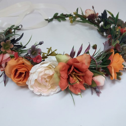 Rust Orange Flower Crown Fall Wedding Crown Boho Floral - Etsy