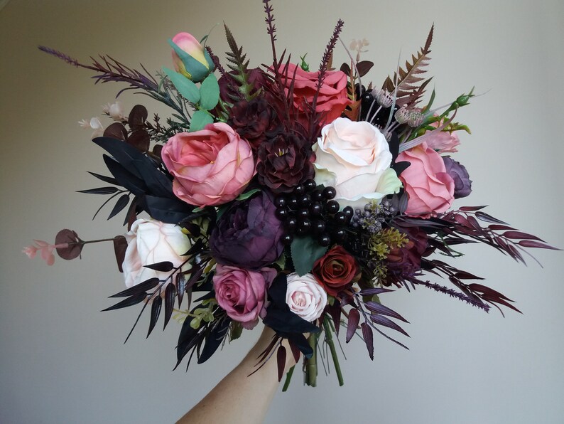 Burgundy Black Deep purple dusty wedding bouquet Fall bridal | Etsy