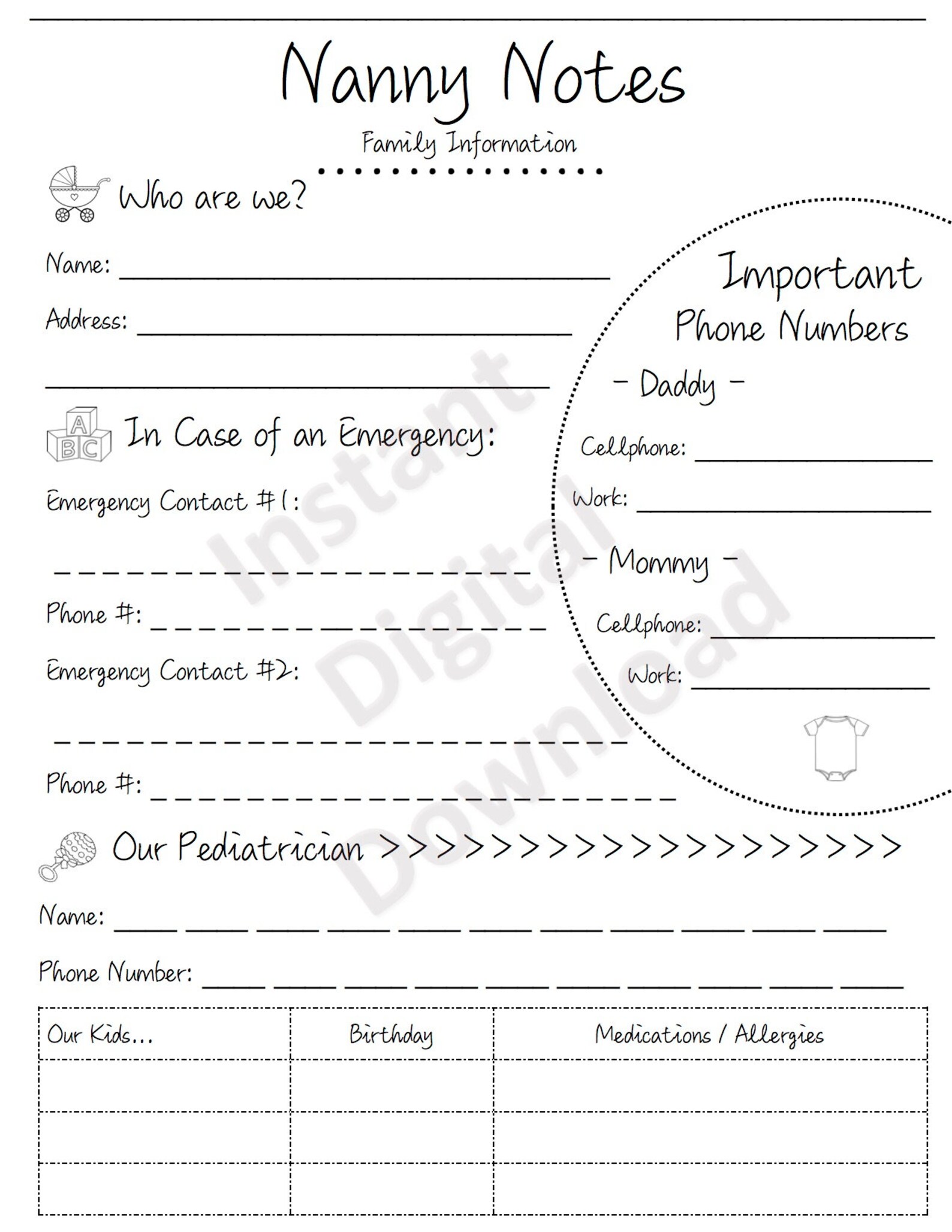 Nanny Notes | Family Information | Baby Journal Log | Babysitting Notes ...