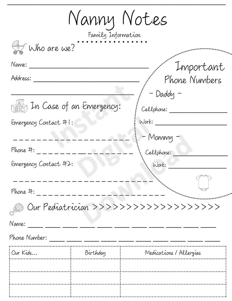 Nanny Notes | Family Information | Baby Journal Log | Babysitting Notes ...