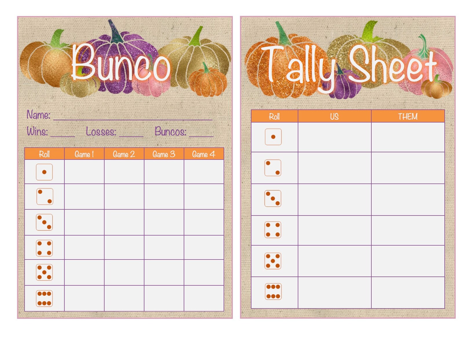 Fall Bunco Template November Bunco Pumpkin Bunco Etsy