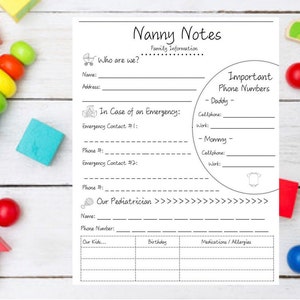Nanny Notes | Family Information | Baby Journal Log | Babysitting Notes ...