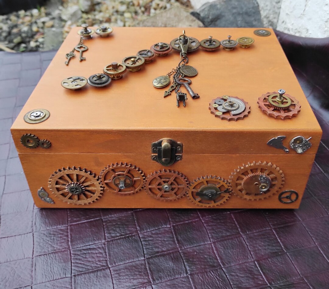 Wooden Steampunk Box, Steampunk Storage Box and Gemstone Keychain ...