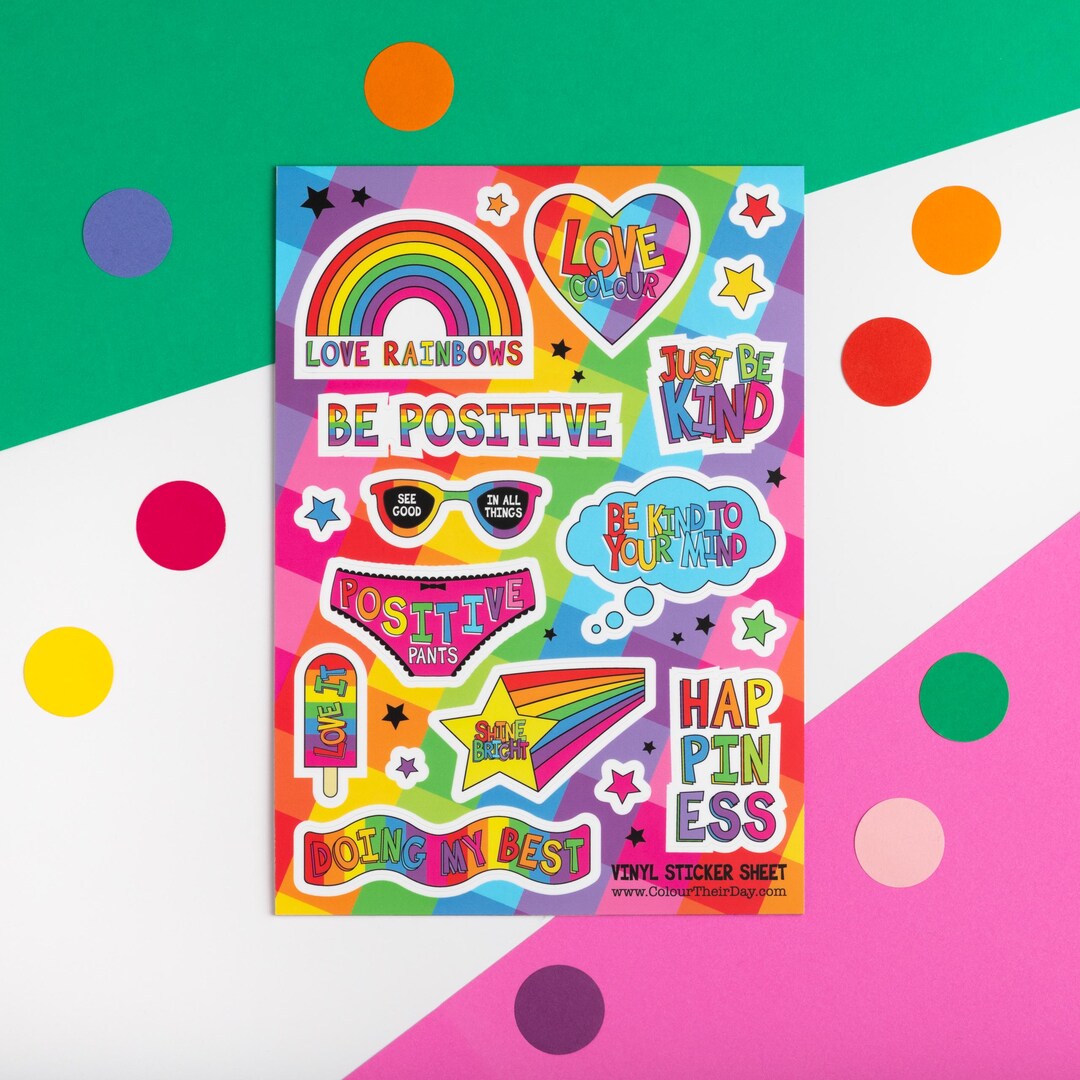 Rainbow Positivity Sticker Sheet, Colourful A5 Vinyl Sticker Sheet ...