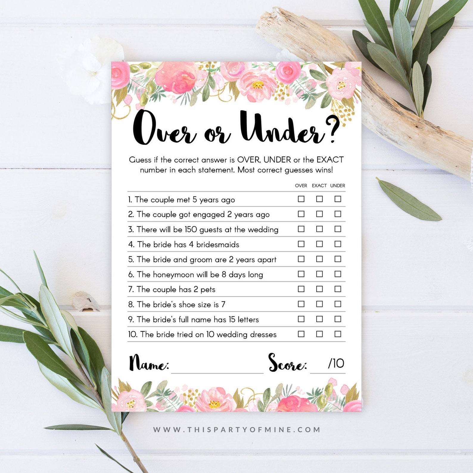 Over Or Under Game Bridal Shower Game Printable Bridal Etsy
