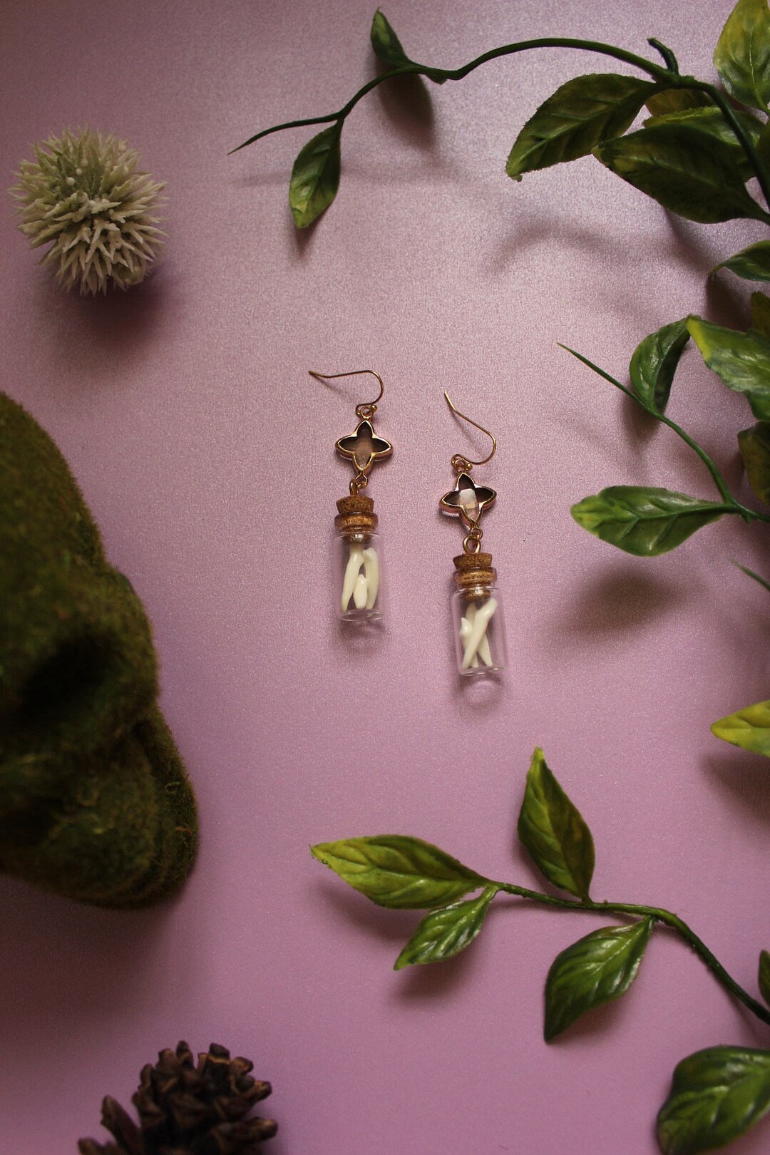 Coyote Teeth Glass Vial and Brown Glass Star Earrings Specimen Jewelry ...