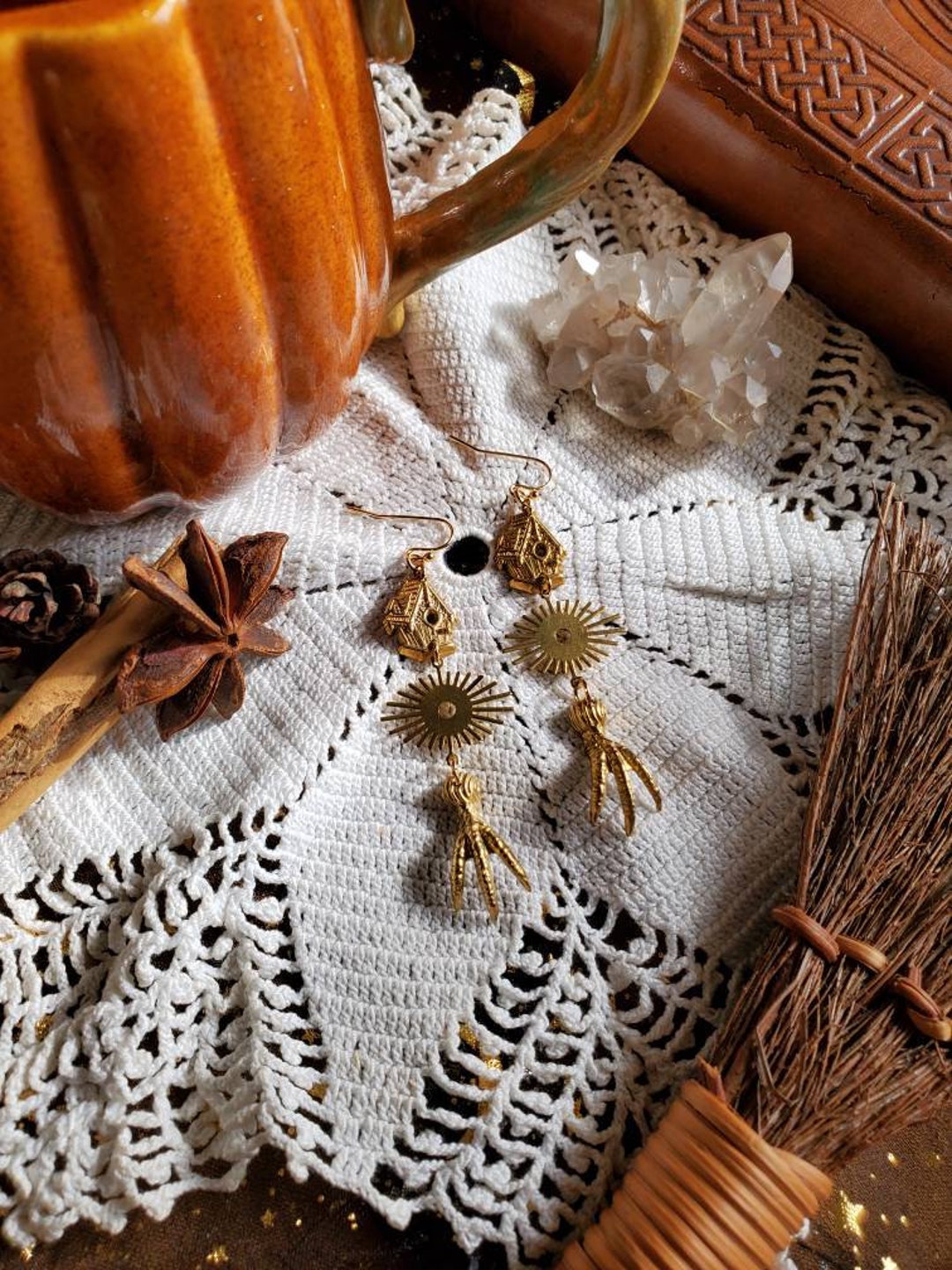 Baba Yaga Brass Evil Eye Talon Birdhouse Earrings - Etsy