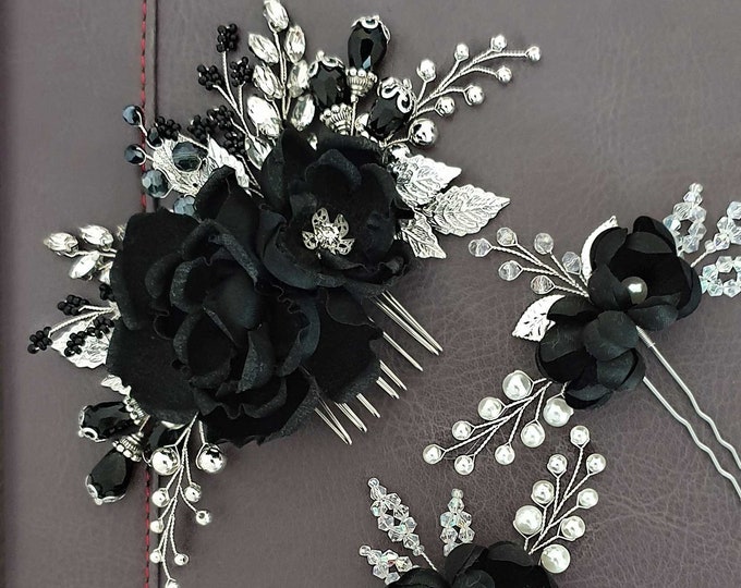 Black Flower Comb Gothic Wedding Hair Piece Black Wedding Veil Gothic ...