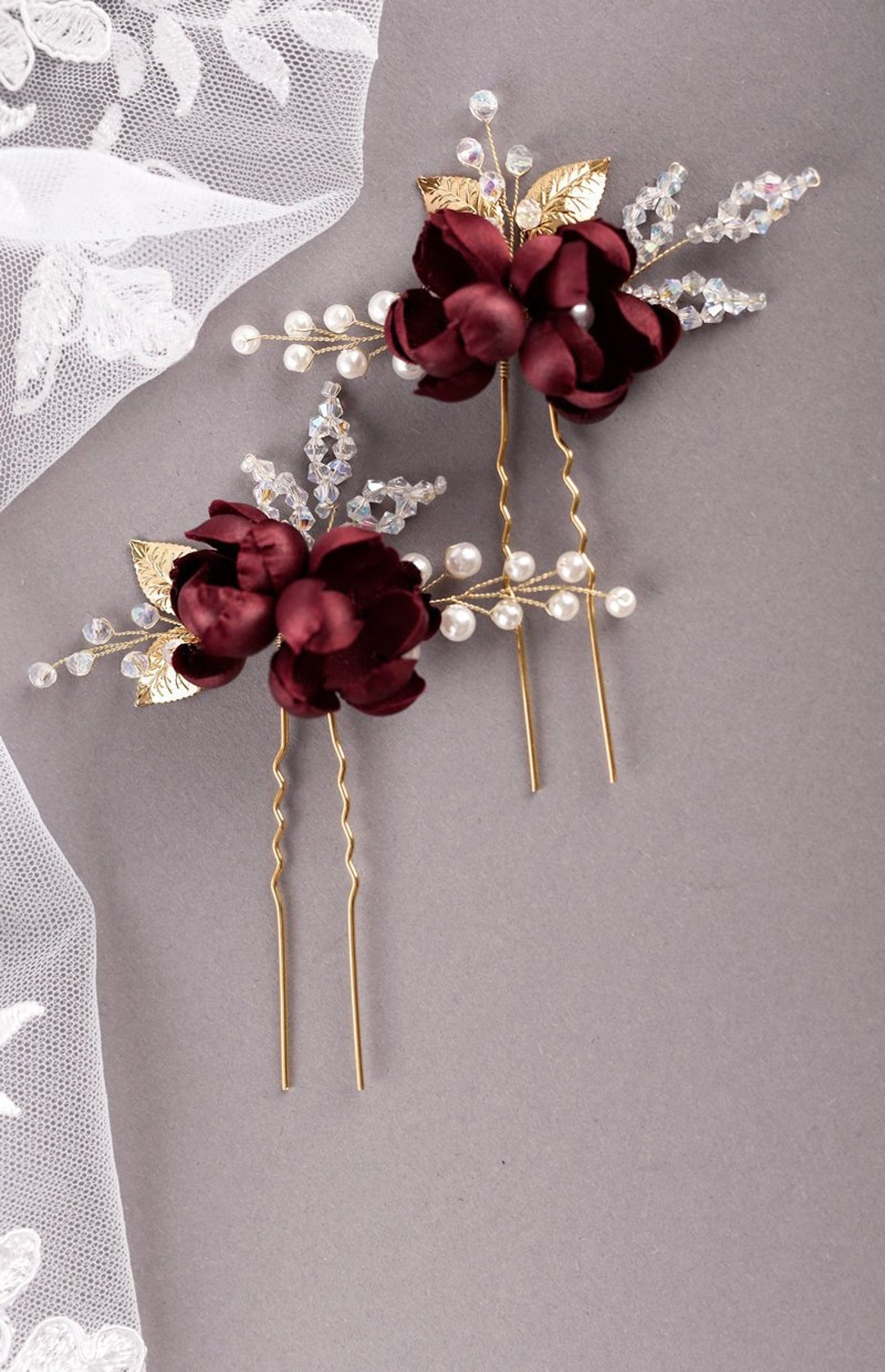 Burgundy Silk Flower Hair Pins Burgundy Rosebud Hair Pin Burgundy ...