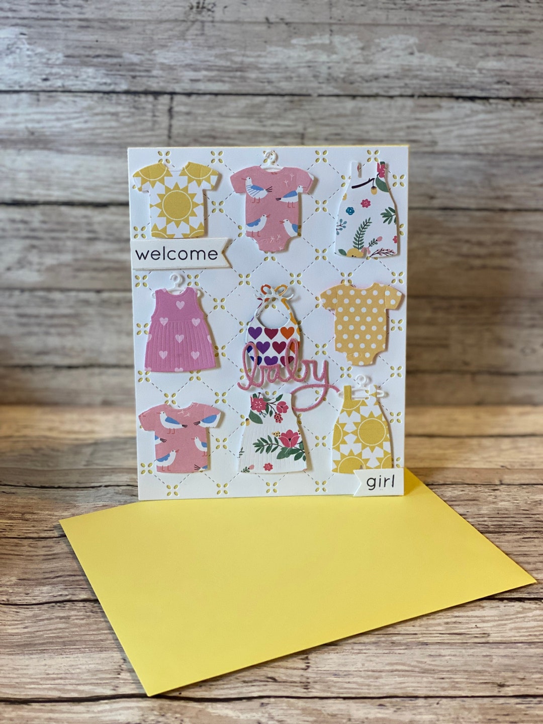 Baby Girl Card Baby Clothes Card Welcome Baby Cute Laundry Handmade ...